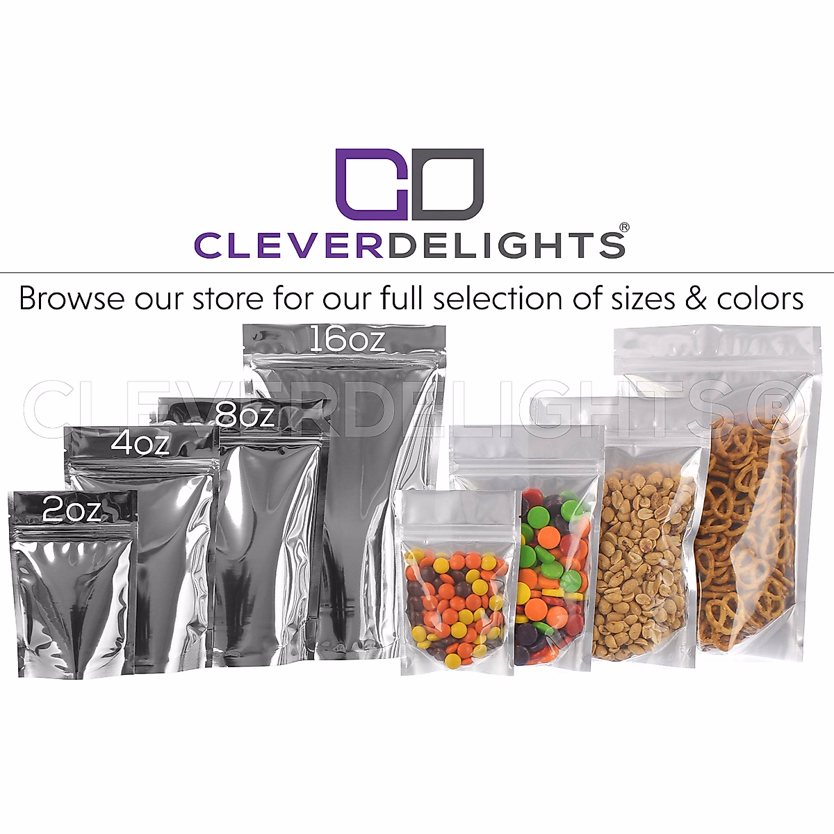 CleverDelights Silver/Clear Stand Up Pouches - 2oz - 100 Pack - 4" x 6" x 2" - Resealable Bag