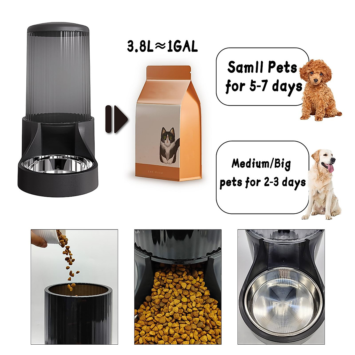 Hamiledyi Automatic Dogs Feeder and Water Dispenser Cats Gravity Food Feeder and Waterer Set with Food Bowl for Pets Puppy Kitten Rabbit(3.8L×2, Black)