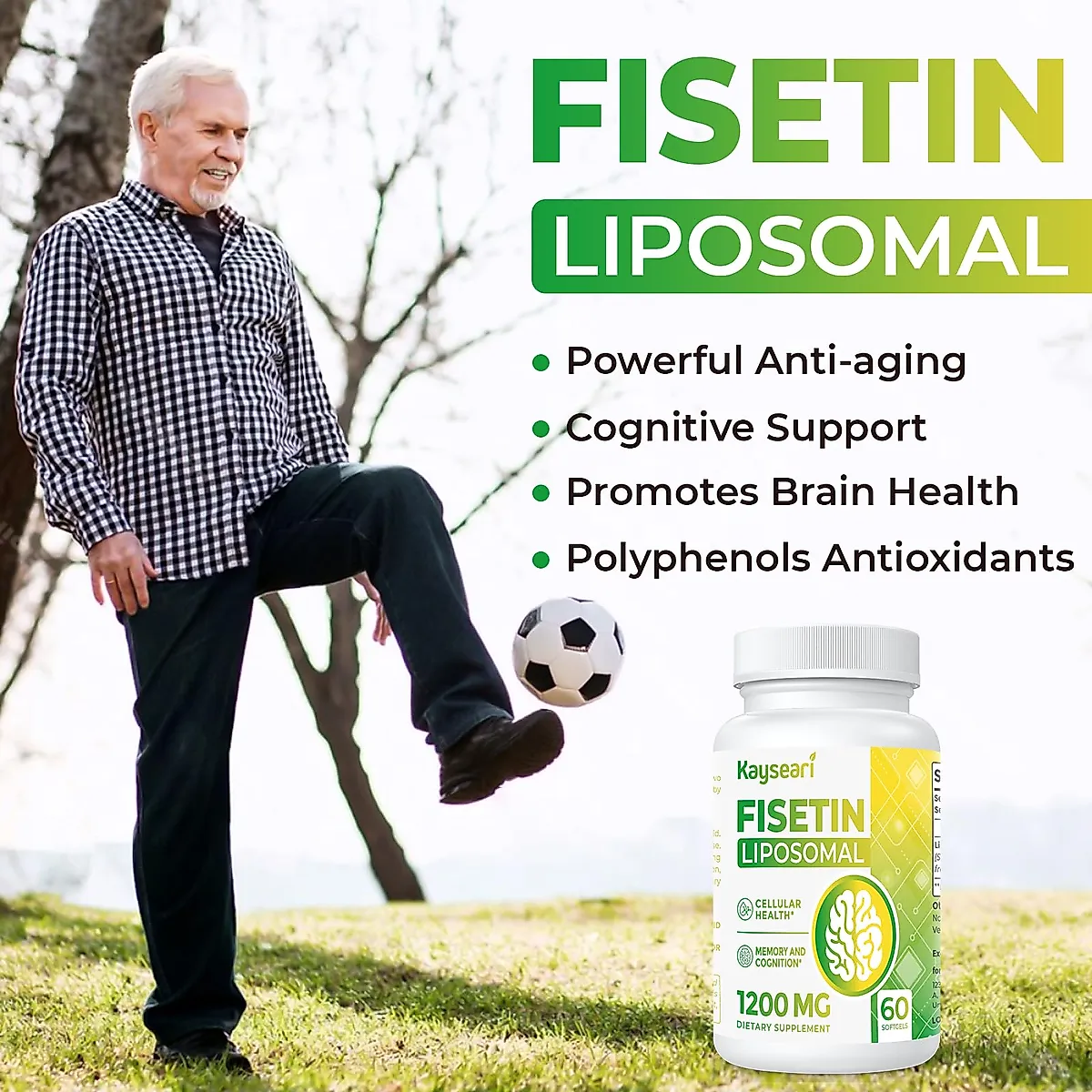 Kayseari Fisetin 1200mg Liposomal Fisetin Supplements 98% Pure Fisetin Polyphenols Antioxidants Immunity Health Aging Cognitive Support Non-GMO 120 Capsules