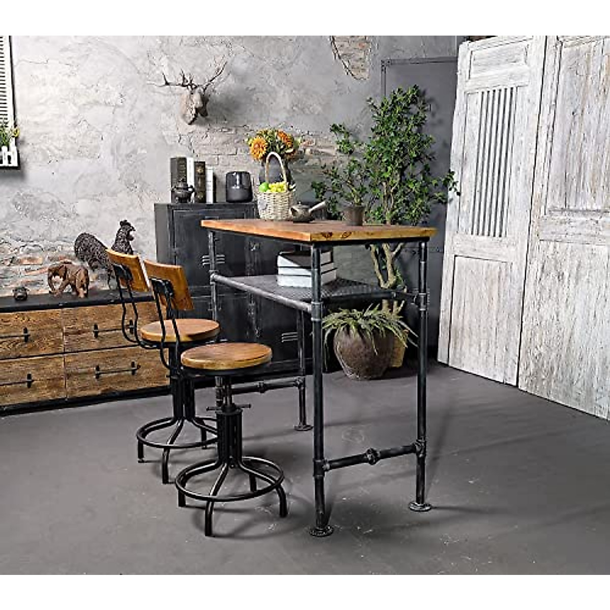 Topower Three-Piece Bar Table and Chair Set Height Adjustable Pub Table and Industrial Dining Breakfast Chair Metal Bar Stool with Wood Backrest Black (1 Table + 2 Chairs)