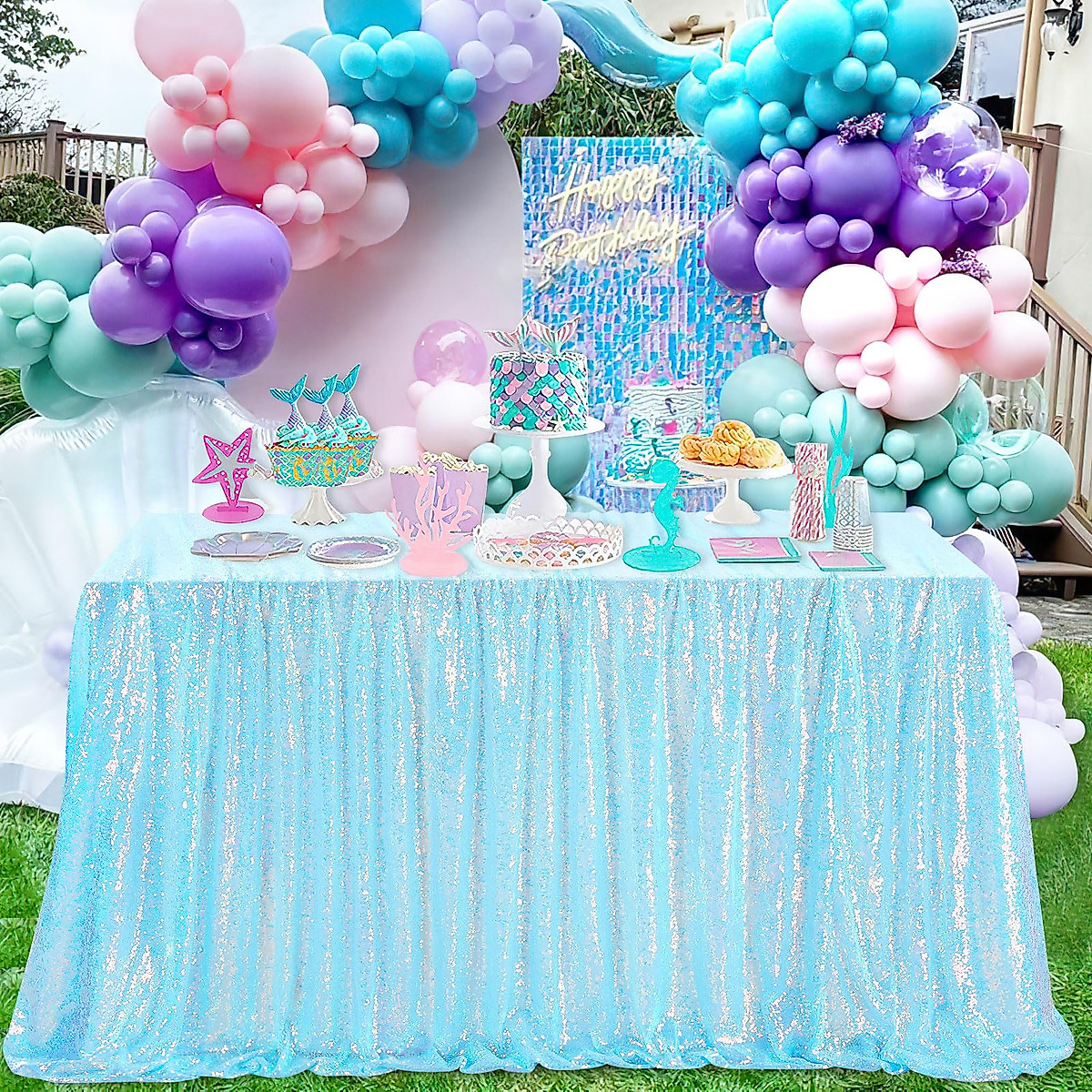 QueenDream Sequin Rectangular Table Cloth 60x102 Inch Blue Iridescent Sparkle Tablecloth Overlay for Wedding Birthday Baby Shower Bridal Outdoor Banquet Decoration