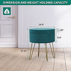 YITAHOME Modern Velvet Upholstered Round Storage Ottoman Footrest Vanity Stool with Gold Metal Legs & Tray Top Coffee Table Having 17.5” Height and Holds Upto 330 Lbs (Teal)