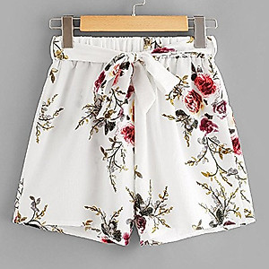 Fashion Print Shorts,THENLIAN Women Casual Belt Loose Hot Pants Lady Summer Beach Shorts Trousers(XL, White)