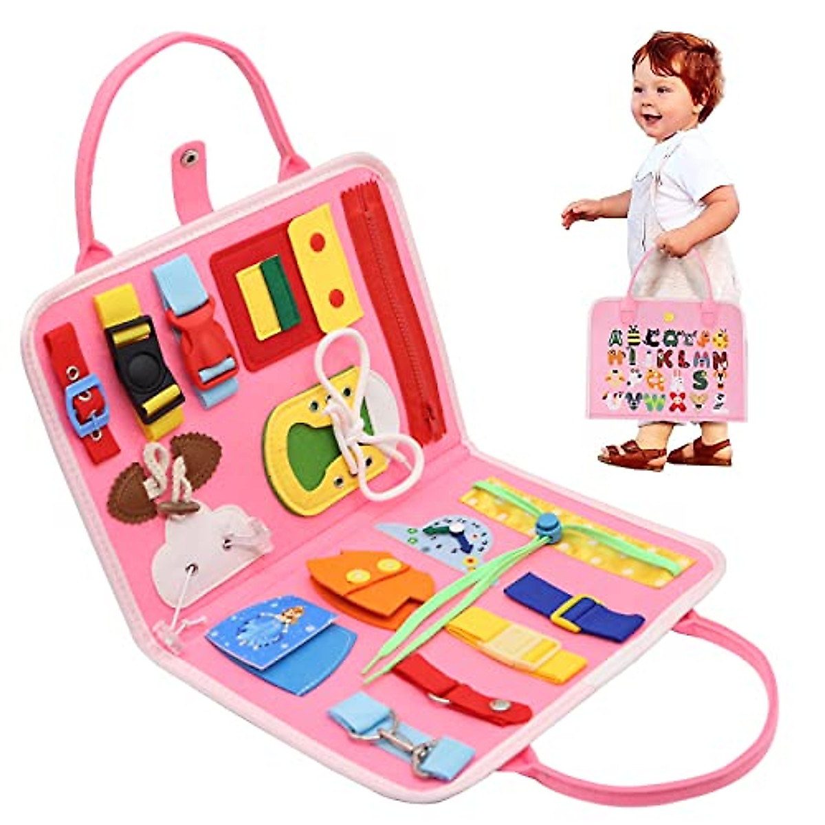 Busy Board Montessori Toys for Toddlers Sensory Board Toys Preschool Activities Educational Toys Learning Basic Dress Skills Travel Toys for Toddlers Gifts for 1 2 3 4 Year Old Boys & Girls (Pink)