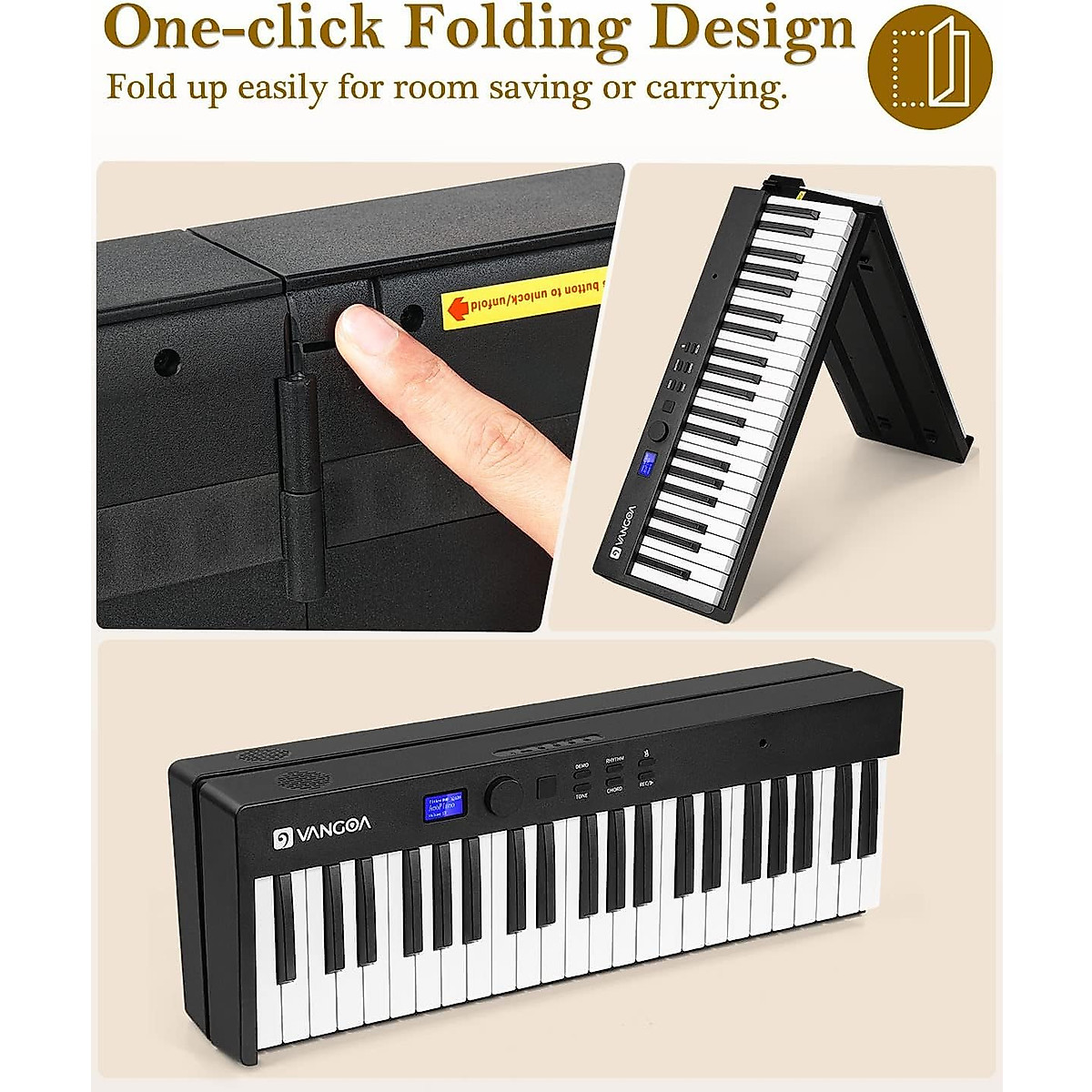 Folding Piano, Portable 88 Key Full Size Foldable Keyboard Piano Semi-Weighted Bluetooth with Light up Keys, Sustain Pedal and Handbag, Black, by Vangoa