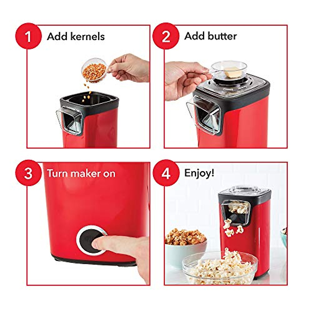 DASH Turbo POP Popcorn Maker with Measuring Cup to Portion Popping Corn Kernels + Melt Butter, 8 Cup Popcorn Machine - Red