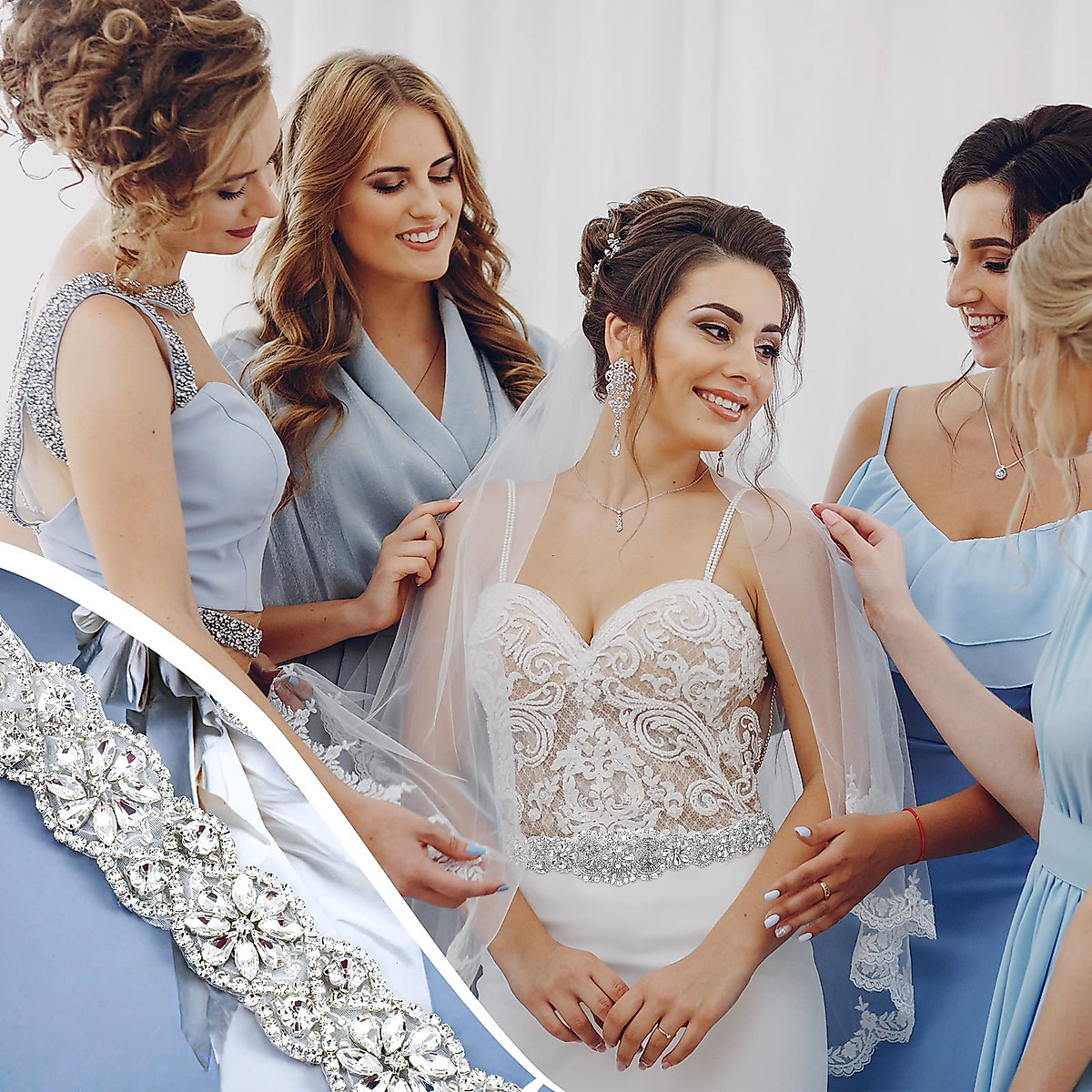 Geyoga Bridal Belt Wedding Dress Belt Rhinestone Wedding Sash for Bride Dress Gowns Crystal Belt with White Organza (Charming Style)