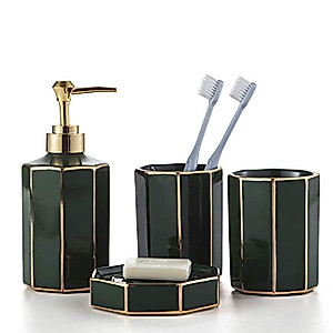 4 Pieces Bathroom Accessories Set Ceramic Bathroom Ensemble Includes Lotion Dispenser Toothbrush Tumbler Soap Dish Green and Gold for Bath Decor