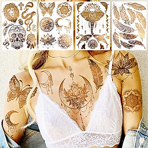 COKTAK 9 Sheets 88+ Designs Large Gold Metallic Temporary Tattoos For Women Boobs Girls Adults, 3D Flash Fake Golden Tattoo Stickers Eleplant, Tribal Bohemia Glitter Snake Tattoos Moon Lotus Body Art