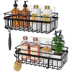Shower Caddy Shelf Organizer, Self Adhesive Shower Shelves for Tiles Walls, Shower Rack Storage for Inside Shower No Drilling, Bathroom Shower Organizer Rustproof Stainless Steel, 2 Pack, Black