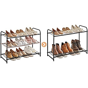 YMYNY Freestanding Shoe Racks, 3 Tiers Stackable & Adjustable Shoe Storage Shelf, Metal Wire Grid Shoe Organizer for 12-16 Pairs, for Entryway, Closet, Bedroom, Black, 26.8" L, UHXJ301B
