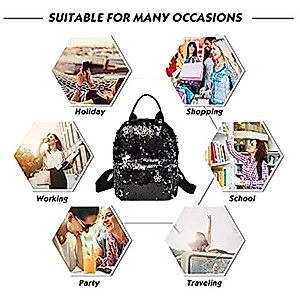 ZLMBAGUS Girls Shining Sequin Faux Leather Backpack Glittery Satchel Fashion Top Handle Shoulder Bag Daypack Purse Black