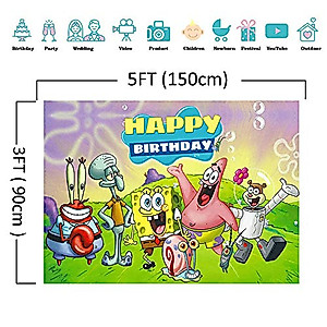 Vinyl Photography Backdrop Cartoon for Children Happy Birthday Party Banner Decoration Photo Booth Studio Props Animation Spongebob Patrick Start Photo Background Baby Shower Cake Table 5x3ft