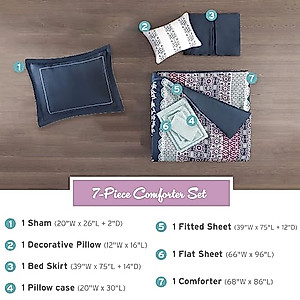 Intelligent Design Complete Bed In A Bag Casual Boho Comforter with Sheet Set Decorative Pillow, All Season Bedding Set, Twin, Loretta Navy 7 Piece