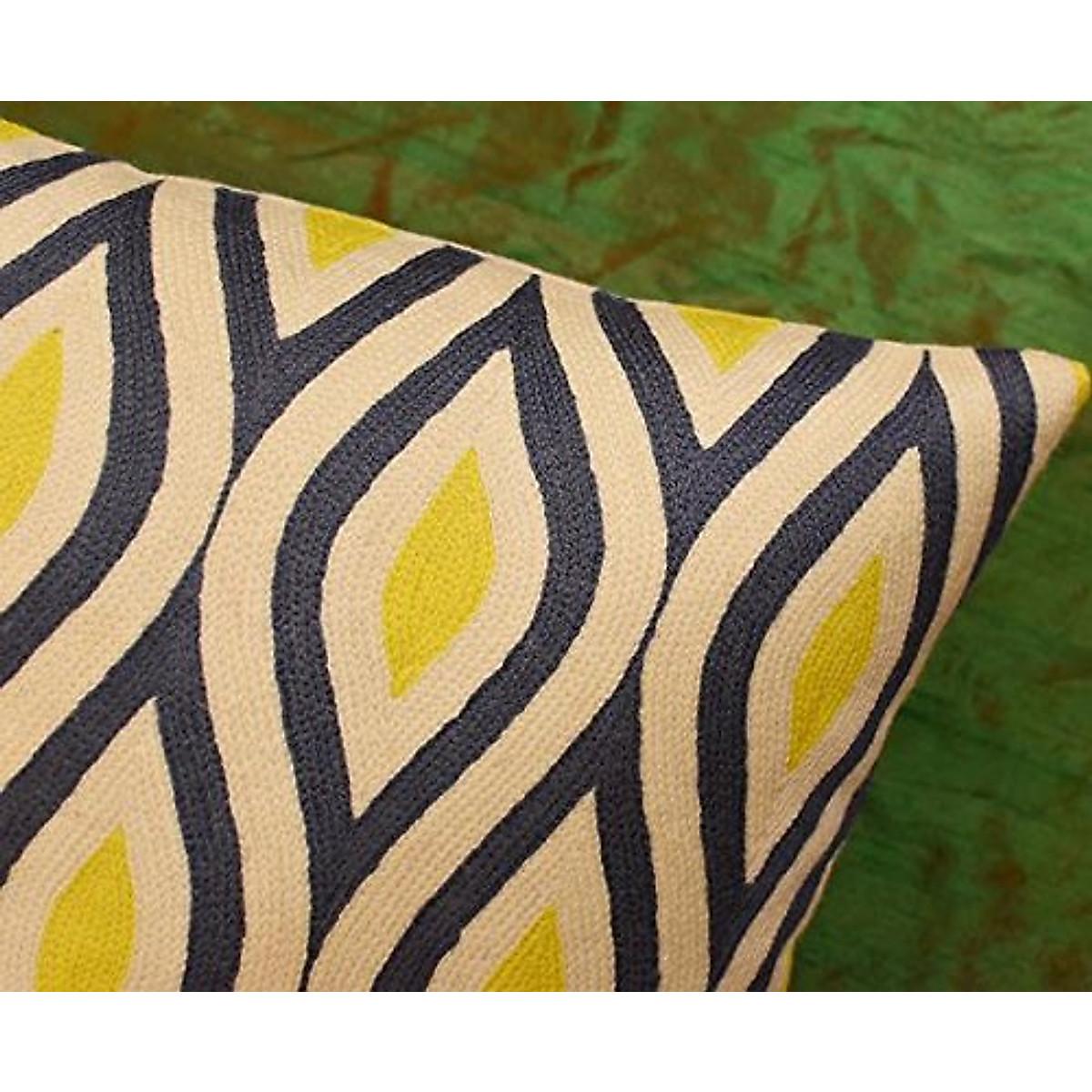 Kashmir Designs Gray Yellow Modern Pillow Cover | Contemporary Pillow for Couch | Abstract Throw Pillows | Modern Outdoor Pillows | Modern Farmhouse Chair Cushion | Hand Embroidered Wool | Size -18x18