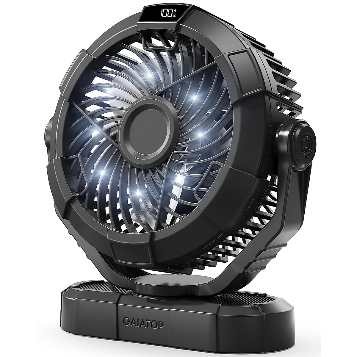 Gaiatop Portable Camping Fan with LED Lantern, 4000mAh 8-Inch Rechargeable Outdoor Tent Fan, 360° Head Rotation, 3 Speed and Quiet Battery Operated USB Desk Fan for Indoor Outdoor Travel Black