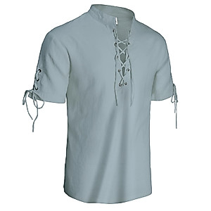IWQBQ Mens Renaissance Shirt Pirate Medieval Viking Steampunk Top Lace Up V Neck Linen Short Sleeve Halloween Costume(Z2827BU,3XL)