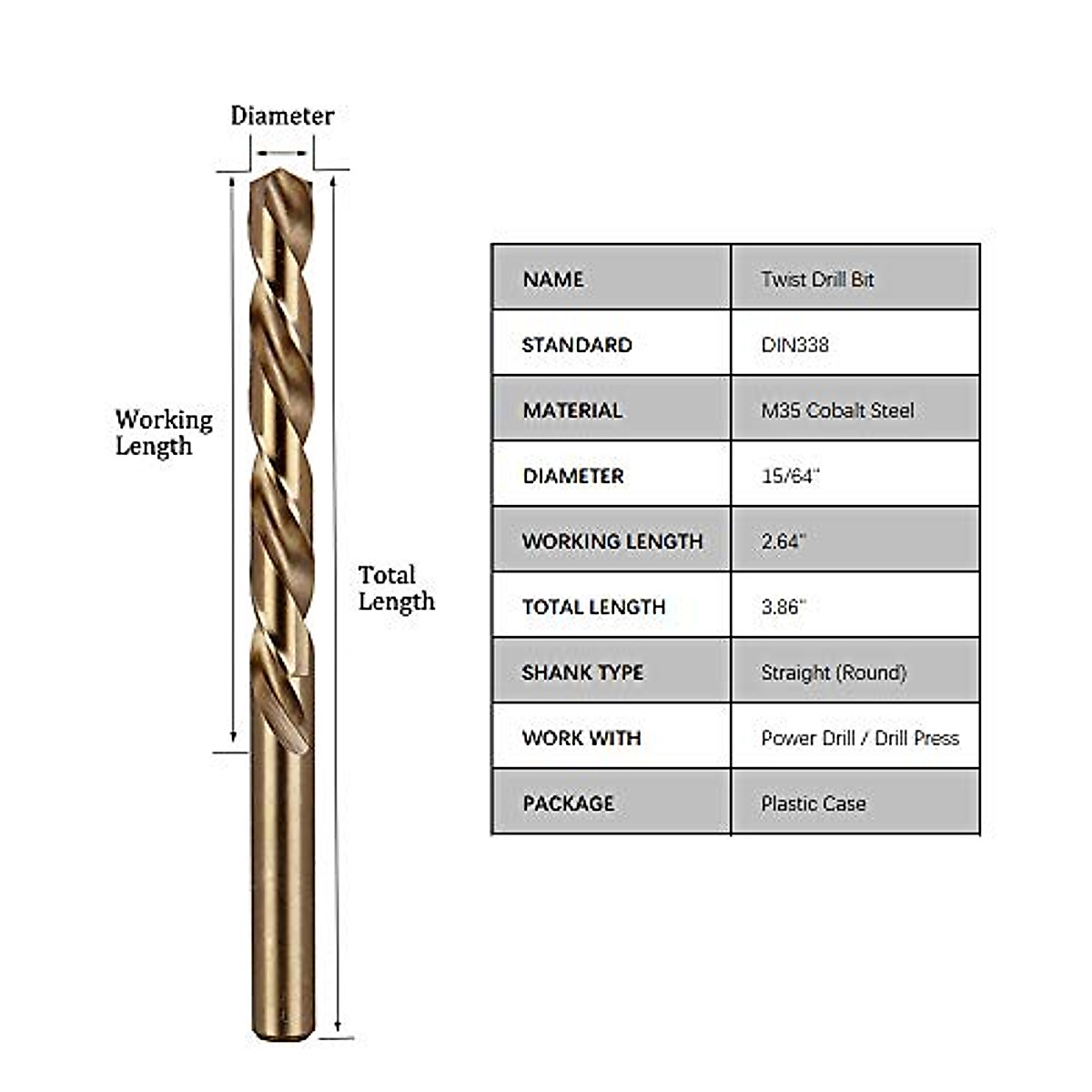Hymnorq M35 Cobalt Steel 15/64 Inch Dia. x 3.86 Inch Long Twist Drill Bit Set of 10pcs, Jobber Length and Round Shank, Self-Centering 135 Degree Split Point Heat Resistant for Metalworking