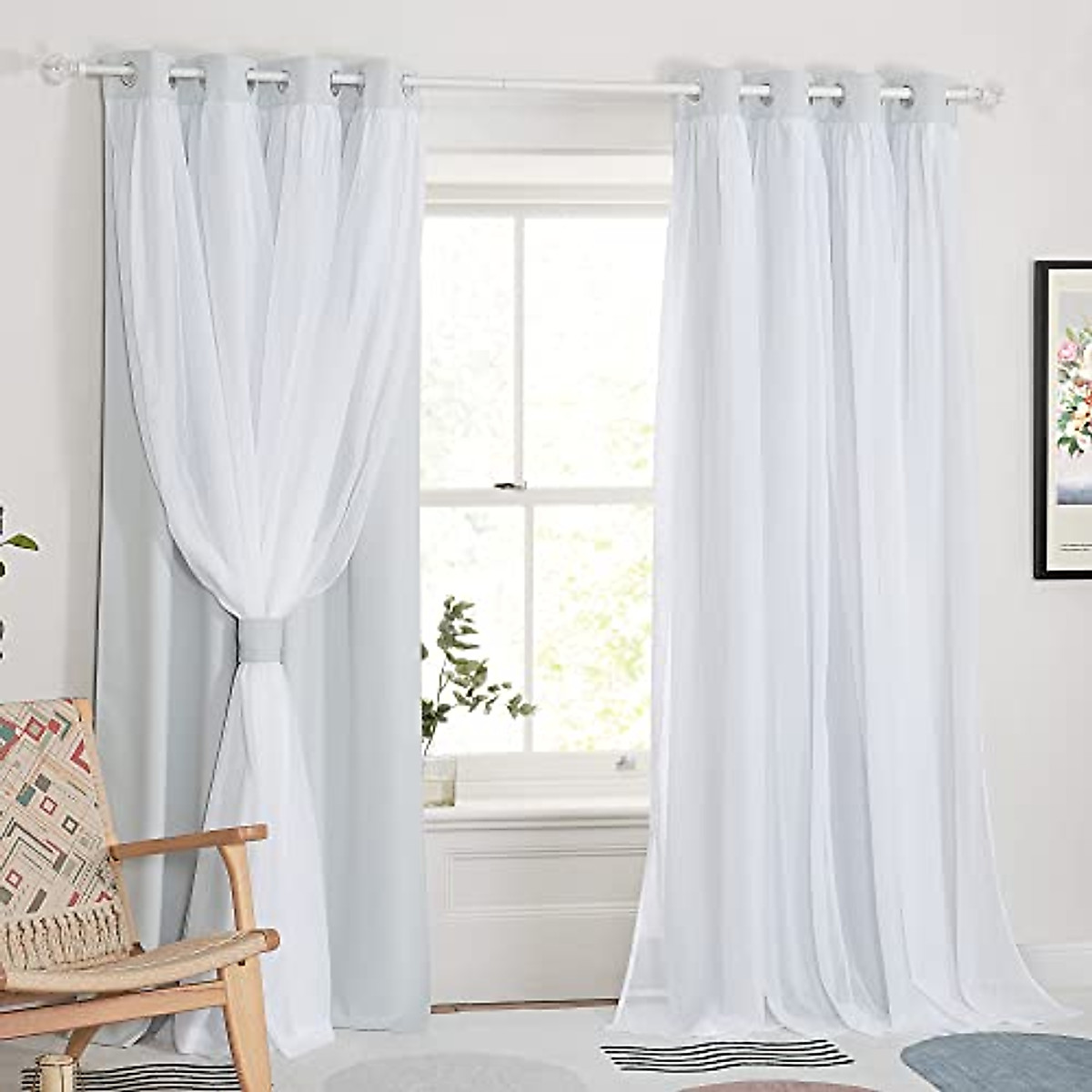 PONY DANCE Double Layer Curtains - White Curtains 84 inches Long with Sheer Overlay Nursery Panels for Bedroom/Living/Dining Room, 52 W by 84 L, Greyish White, 2 Pieces