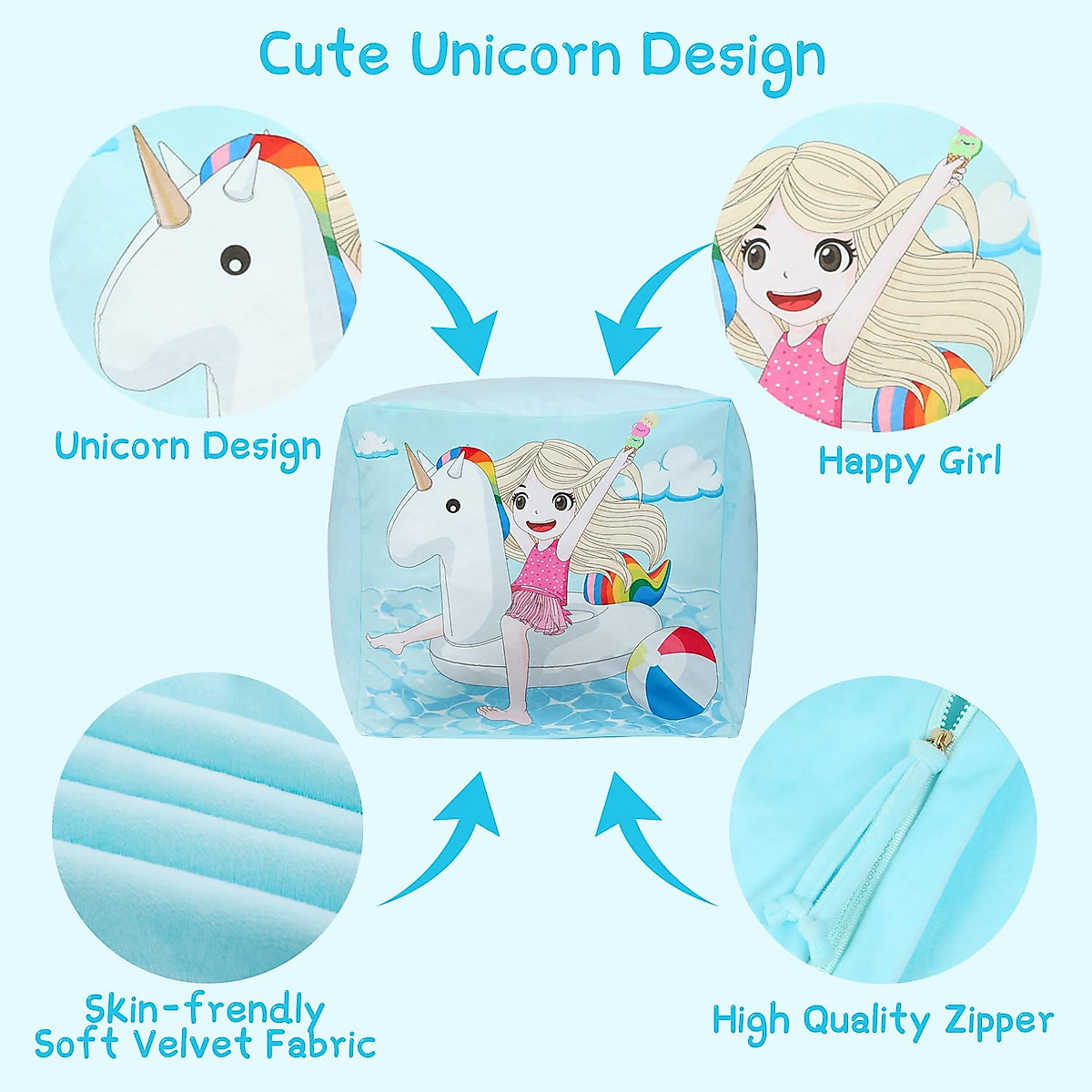 Yoweenton Blue Bean Bag Chair for Girls, Stuffed Animal Storage, Girls Room Decorations, 22"x24" Extra Large,Velvet Extra Soft Cover Only