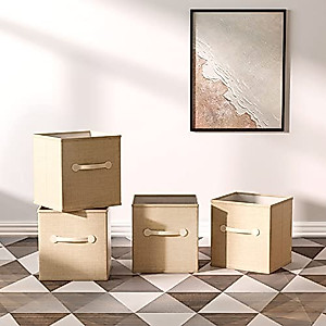 Fabric Storage Cubes, CODCAW Storage Bins with Dual Leather Handles, 4 Pack Cube Foldable Storage Organizer for Shelves, Home, Office, Nursery (Khaki)