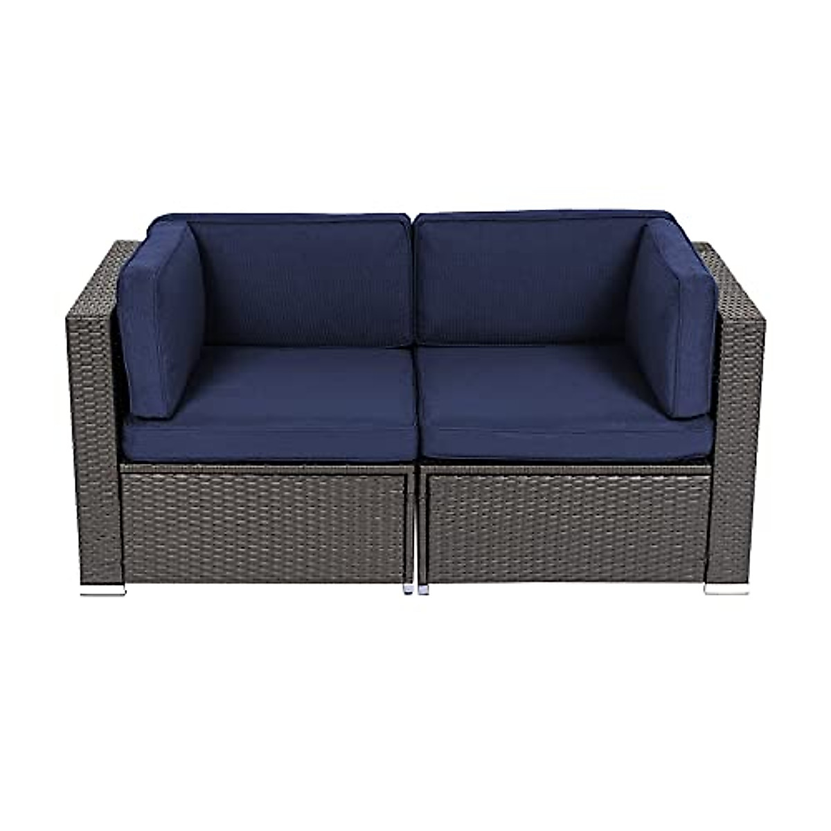 Patiomore 2 Pieces Outdoor Wicker Loveseat, Patio Rattan Sectional Furniture Corner Sofa Set All-Weather Black Brown Wicker with Removable Cushions for Balcony, Backyard, Garden (Dark Blue)