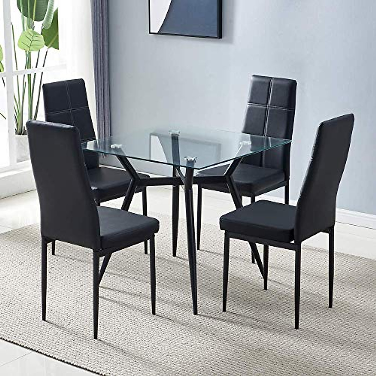 Knocbel Modern Square Glass Dining Table with Metal Legs, 177lbs Weight Capacity, 31.5" L x 31.5" W x 29.5" H (Clear and Black)