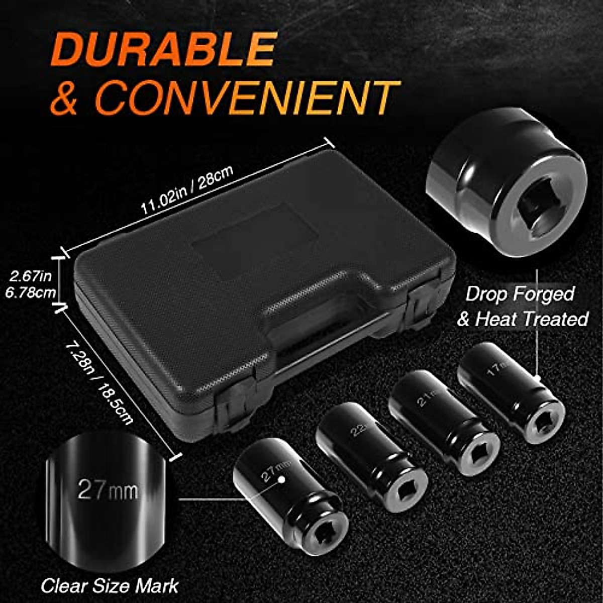 4 Pack Crank Bolt Socket Set, 17MM, 21MM, 22MM, 27MM, Harmonic Balancer Socket Set, 1/2-Inch Metric Deep Impack Socket Set, 3 Times Momentum Power of Standard Impact Sockets