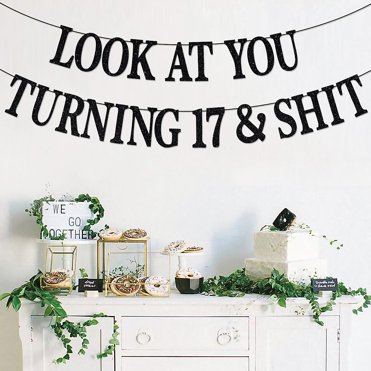 Happy 17th Birthday Banner, Cheers to 17 Years, Young Sweet and Only 17, Teen Boys Girls Funny 17th Birthday Party Decorations Backdrop Gifts, Black Glitter