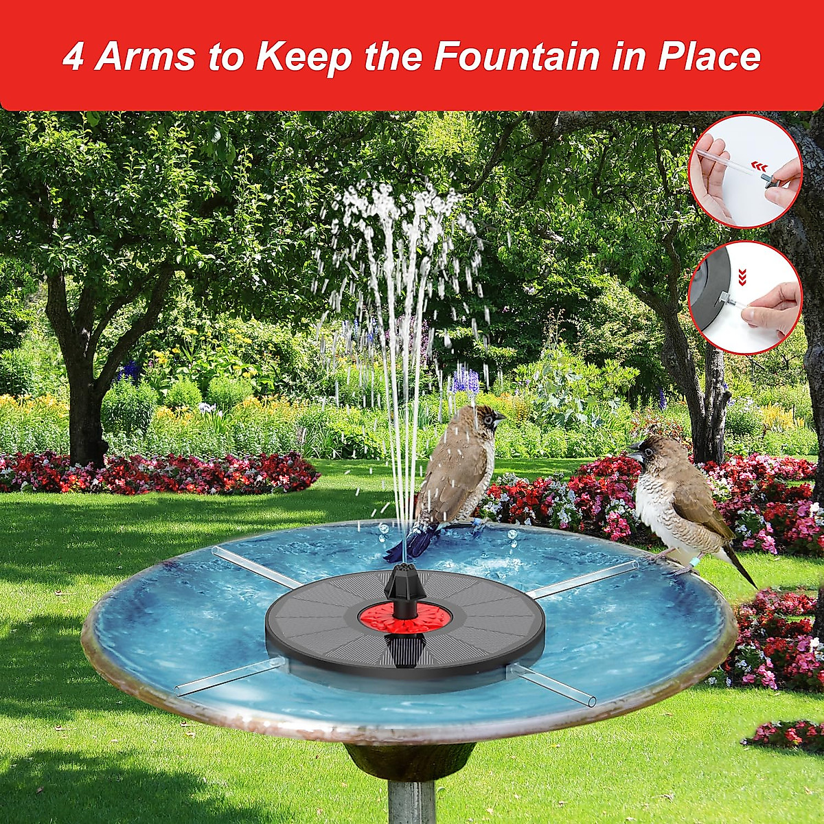 GAIZERL Solar Fountain with Red Flower - Attract Birds - 2024 Upgrade 3.5W Solar Bird Bath Fountains, Solar Powered Water Feature Fountain Pump with 7 Nozzles for Hummingbirds, Garden, Pool, and Pond