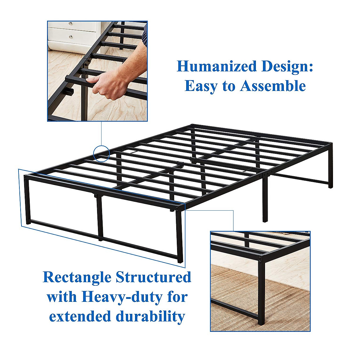 VECELO 14 Inch Bed Frame/No Box Spring Needed/Mattress Foundation/Steel Slat Support Black (Full), Metal Platform A