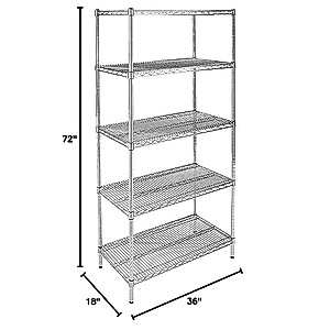 AmazonCommercial Heavy-Duty 5-Tier Steel Wire Shelving with Optional Wheels, NSF Certified, 36" W x 18" D, Chrome