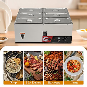 Takywep 6 Pans Commercial Food Warmer - 6 x 6.3QT, 1200W Electric Steam Table, Professional Countertop Stainless Steel Buffet Bain Marie, 86-185°F Temp Control, Ideal for Catering and Restaurants