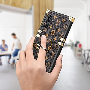 WOLLONY for Samsung Galaxy A14 5G Luxury Leather Case with Ring Stand Metal Edge Drop Protection Classic Square Case Soft TPU Slim Retro Cover for Women Girls Designed for Galaxy A14 5G Brown