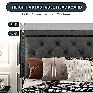 Einfach Queen Size Modern Deluxe Platform Bed Frame Button Tufted Fabric Upholstered Bed Frame with Adjustable Headboard/Strong Wood Slats Support/Mattress Foundation/Easy Assembly, Dark Grey