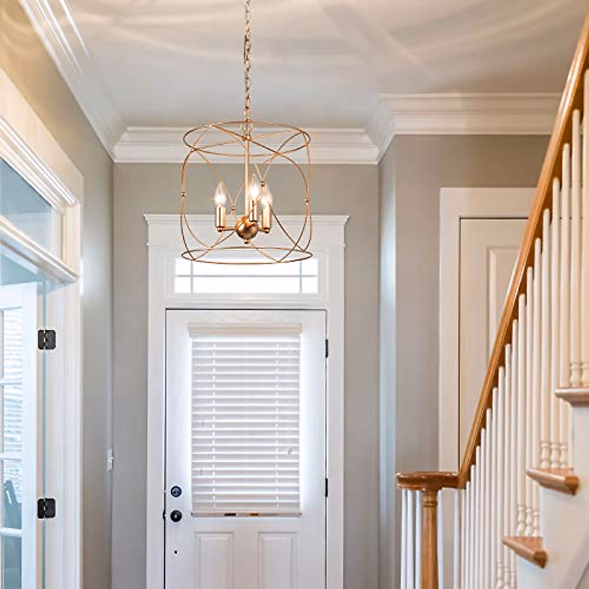 classy leaves Gold Chandelier, Gold Pendant Lighting, Cylinder Foyer Pendant Lighting for Kitchen Island & Dining Room, Gold Finish, 13’’ L x 13’’ W x 14’’ H