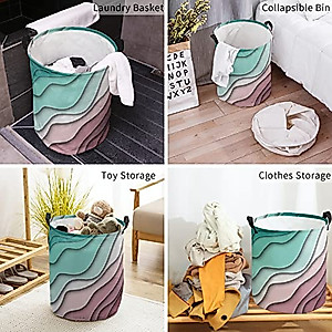 Laundry Basket Turquoise Pink Gradient Beach,Waterproof Collapsible Clothes Hamper Modern Abstract Geometric Art,Large Storage Bag for Bedroom Bathroom 16.5x17In