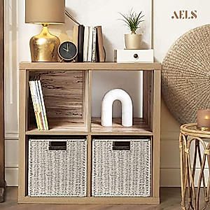 AELS Woven Baskets for Storage, Natural Hand-woven Storage Baskets for Organizing, Cubby Cubes Storage Bins for Shelves, 11" Modern Farmhouse Square Storage Cubes with Handles, Light Gray, 2 Pack