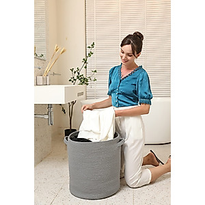 16" x 16" x 18" Extra Large Storage Basket with Lid, Cotton Rope Storage Baskets, Laundry Hamper, Cloth Bin, for Clothes Towels Blankets Pillows Storage in Living Room, Large Basket Grey with Cover