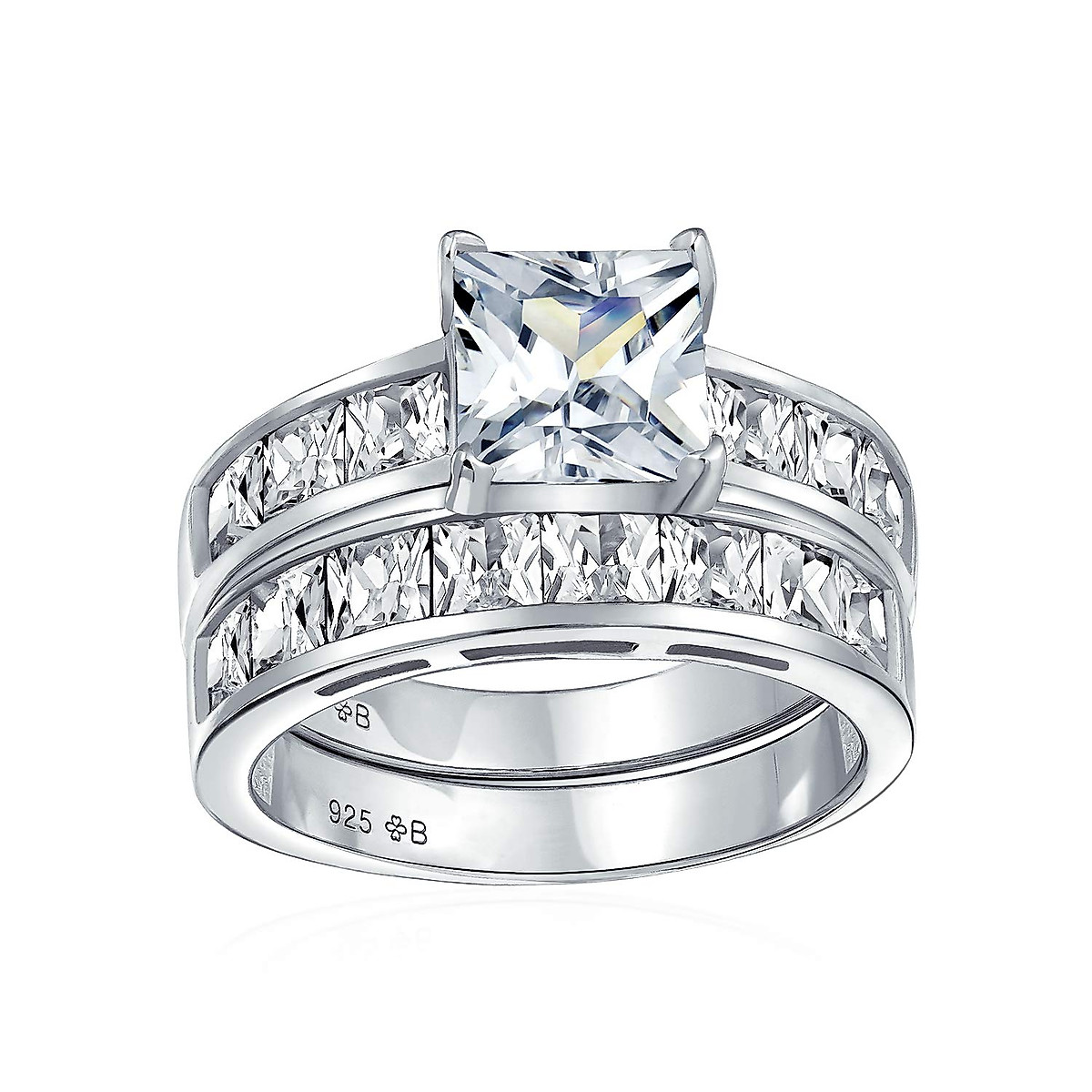 Personalize Traditional 2CT Brilliant Princess Cut Solitaire Side Stonecat CZ Square Anniversary Band Engagement Wedding Ring Set For Women .925 Sterling Silver Custom Engraved