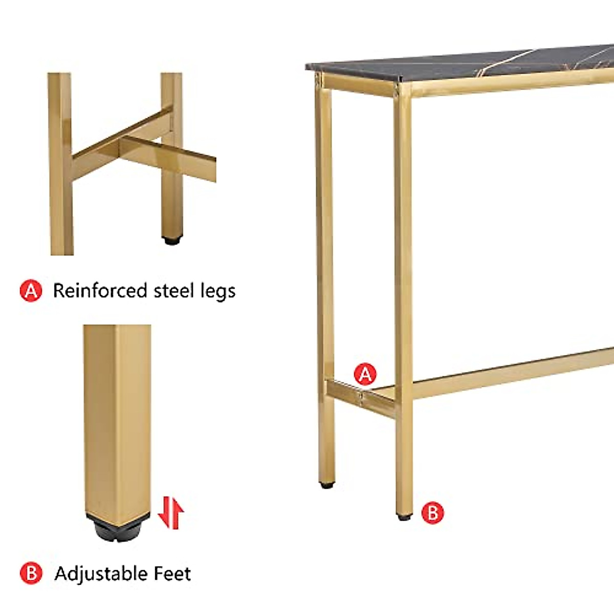 Aklaus 40" Bar Table,Rectangular Industrial Bar Height Table with Sturdy Gold Metal Frame Black Faux Marble Top,Pub Table High Top Dining Table Console Table for Dining Room Living Room Entryway