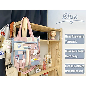 KOWVOWZ Kawaii Shoulder Tote Bag with Cute Pin Accessories Plush Rabbit & Bear Pendant Girl School Backpack Laptop Schoolbag Crossbody for Students (Blue)