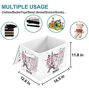 CaTaKu I Love Paris Storage Bins with Lids and Handles, Fabric Large Storage Container Cube Basket with Lid Decorative Storage Boxes for Organizing Clothes