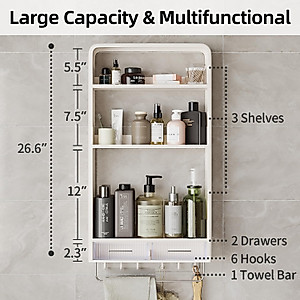 LURIVA Plastic Bathroom Shelves with 2 Drawers & Towel Bar, No Drilling, Bathroom Organizers and Storage, Over Toilet Storage, Wall Mount Shower Organizer, Shower Caddy, Bathroom Wall Cabinet