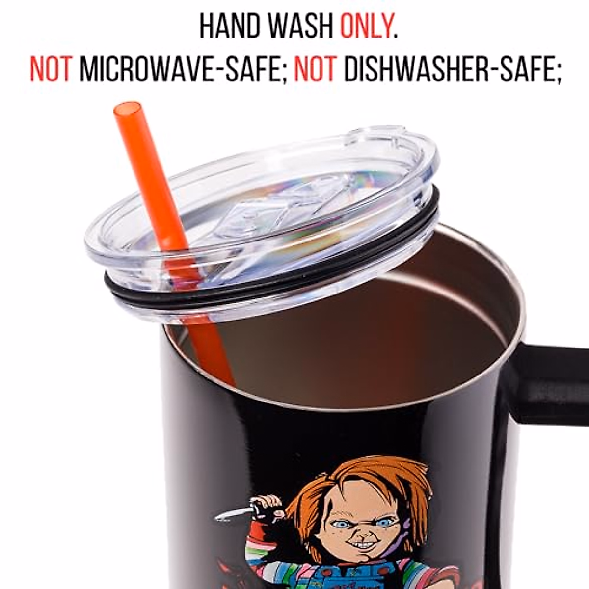 Silver Buffalo Chucky Holding Knife Wanna Play Spooky Scary Stainless Steel Tumbler with Handle and Straw, Fits in Standard Cup Holder, 40 Ounces