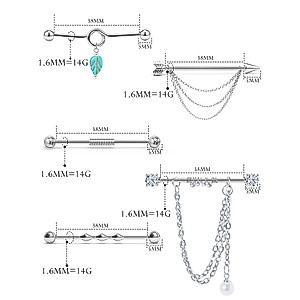 Goerhsjie Industrial Piercing Jewelry 14g Industrial Chain Earrings for Women 14 Gauge Long Industrial Bar Piercing Cute Silver Surgical Steel Industrial Barbell