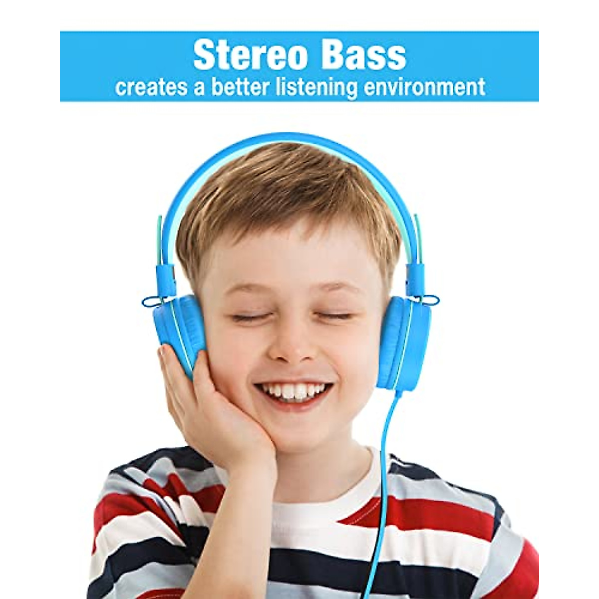 Eposy Kids Headphones, E10 Wired Headphones for Kids Foldable Stereo Bass Headphones with Adjustable Headband, Tangle-Free 3.5 mm Jack for School, On-Ear Headset for Boys Girls Cellphones(Blue/Green)