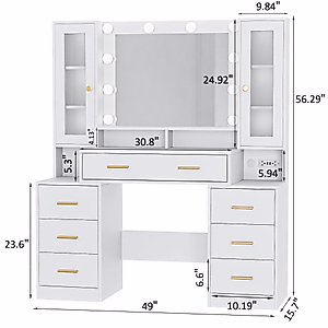 elifine Vanity Desk with Mirror and Lights & Charging Station, Makeup Vanity Mirror with 3 Colors Lighting Adjustable Brightness, Large Dressing Table with Nightstand, 7 Drawers & 2 Cabinets