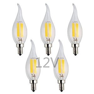 OPALRAY Low Voltage 12V LED Candelabra Bulb, 12V DC or 12V AC, 4W Dimmable, 2700K Warm White Light, E12 Small Base, 40W Incandescent Replacement, 12Volt DC Operated, Clear Glass Flame Tip, 5-Pack