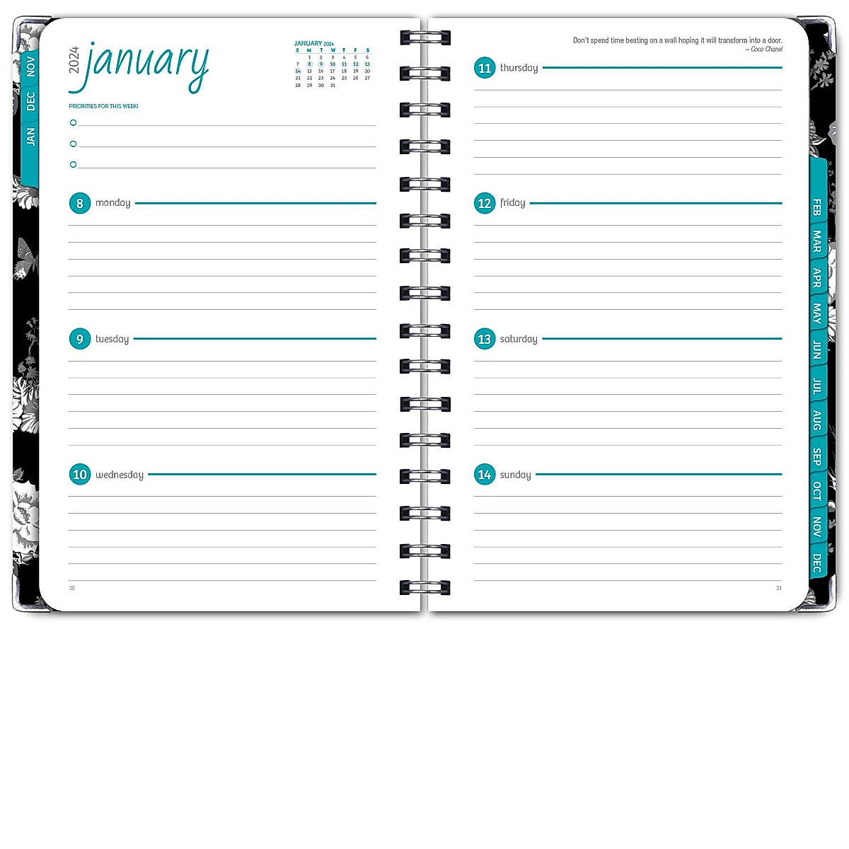 HARDCOVER 2024 Planner: (November 2023 Through December 2024) 5.5"x8" Daily Weekly Monthly Planner Yearly Agenda. Bookmark, Pocket Folder and Sticky Note Set (Monochrome Floral)